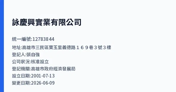 詠慶興實業有限公司的照片-統編 12783844(高雄市) 公司登記資料與營業項目詳細圖表