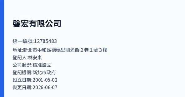 磐宏有限公司的照片-統編 12785483(新北市) 公司登記資料與營業項目詳細圖表