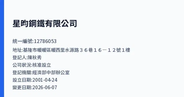 星昀鋼鐵有限公司的照片-統編 12786053(基隆市) 公司登記資料與營業項目詳細圖表