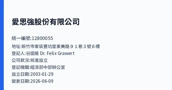 愛思強股份有限公司的照片-統編 12800055(新竹市) 公司登記資料與營業項目詳細圖表