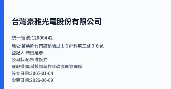 台灣豪雅光電股份有限公司的照片-統編 12800442(苗栗縣) 公司登記資料與營業項目詳細圖表
