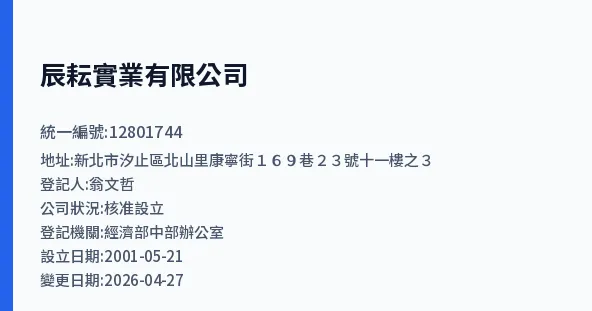 辰耘實業有限公司的照片-統編 12801744(新北市) 公司登記資料與營業項目詳細圖表