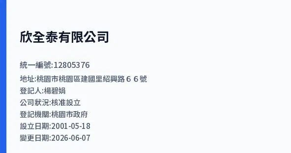 欣全泰有限公司的照片-統編 12805376(桃園市) 公司登記資料與營業項目詳細圖表