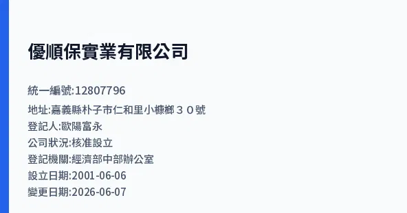 優順保實業有限公司的照片-統編 12807796(嘉義縣) 公司登記資料與營業項目詳細圖表