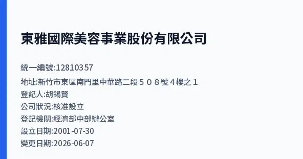 東雅國際美容事業股份有限公司的照片-統編 12810357(新竹市) 公司登記資料與營業項目詳細圖表