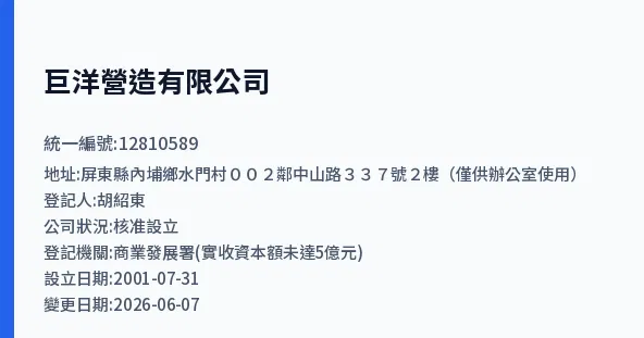 巨洋營造有限公司的照片-統編 12810589(屏東縣) 公司登記資料與營業項目詳細圖表