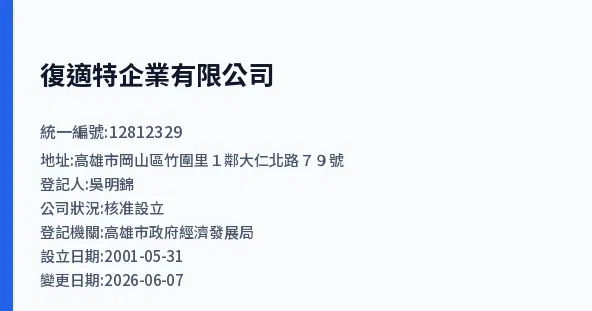 復適特企業有限公司的照片-統編 12812329(高雄市) 公司登記資料與營業項目詳細圖表
