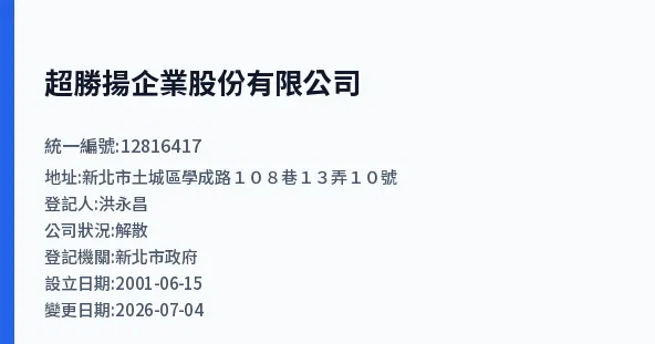 超勝揚企業股份有限公司的照片-統編 12816417(新北市) 公司登記資料與營業項目詳細圖表