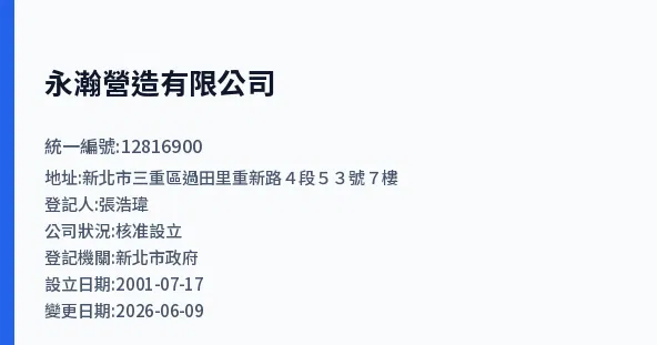 永瀚營造有限公司的照片-統編 12816900(新北市) 公司登記資料與營業項目詳細圖表