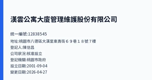 漢雲公寓大廈管理維護股份有限公司的照片-統編 12838545(桃園市) 公司登記資料與營業項目詳細圖表