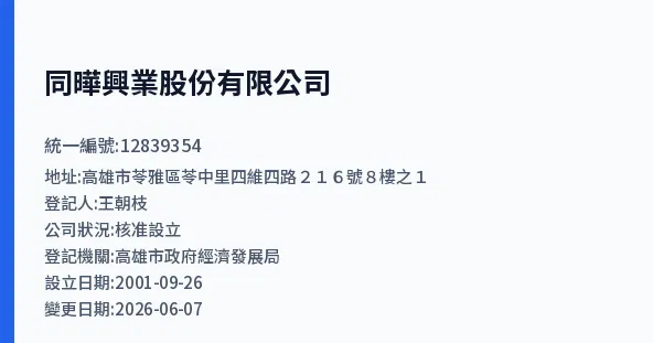 同曄興業股份有限公司的照片-統編 12839354(高雄市) 公司登記資料與營業項目詳細圖表