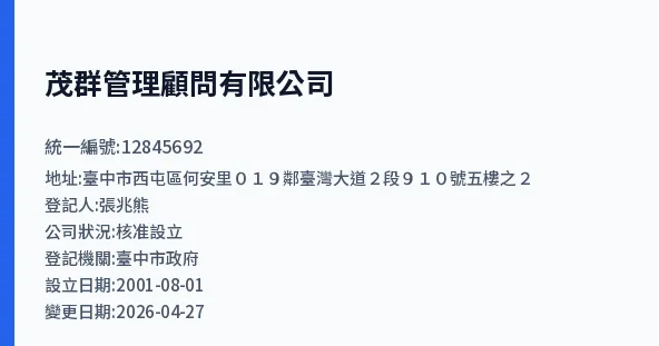 茂群管理顧問有限公司的照片-統編 12845692(臺中市) 公司登記資料與營業項目詳細圖表