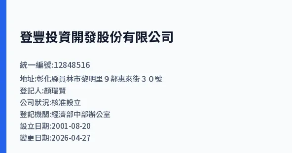 登豐投資開發股份有限公司的照片-統編 12848516(彰化縣) 公司登記資料與營業項目詳細圖表