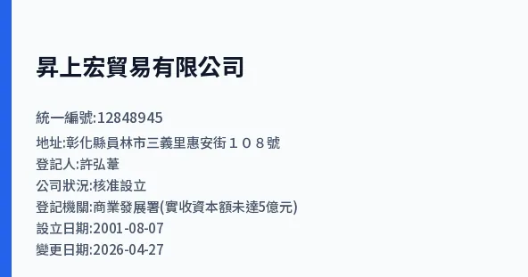 昇上宏貿易有限公司的照片-統編 12848945(彰化縣) 公司登記資料與營業項目詳細圖表