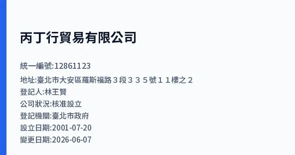 丙丁行貿易有限公司的照片-統編 12861123(臺北市) 公司登記資料與營業項目詳細圖表