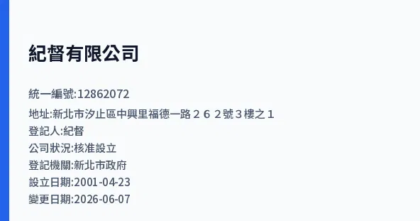 紀督有限公司的照片-統編 12862072(新北市) 公司登記資料與營業項目詳細圖表