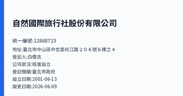 自然國際旅行社股份有限公司的照片-統編 12868723(臺北市) 公司登記資料與營業項目詳細圖表