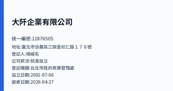 大阡企業有限公司的照片-統編 12876505(臺北市) 公司登記資料與營業項目詳細圖表
