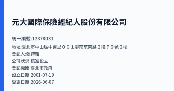 元大國際保險經紀人股份有限公司的照片-統編 12878031(臺北市) 公司登記資料與營業項目詳細圖表