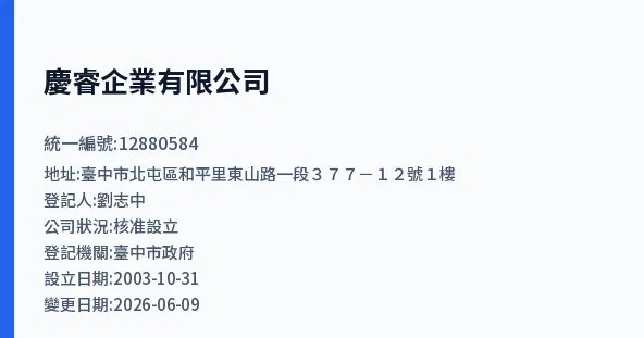 慶睿企業有限公司的照片-統編 12880584(臺中市) 公司登記資料與營業項目詳細圖表