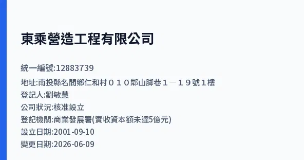 東乘營造工程有限公司的照片-統編 12883739(南投縣) 公司登記資料與營業項目詳細圖表