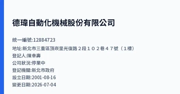 德瑋自動化機械股份有限公司的照片-統編 12884723(新北市) 公司登記資料與營業項目詳細圖表