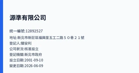 源準有限公司的照片-統編 12892527(新北市) 公司登記資料與營業項目詳細圖表