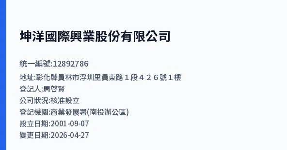 坤洋國際興業股份有限公司的照片-統編 12892786(彰化縣) 公司登記資料與營業項目詳細圖表