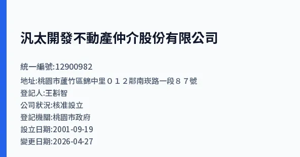 汎太開發不動產仲介股份有限公司的照片-統編 12900982(桃園市) 公司登記資料與營業項目詳細圖表