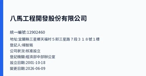 八馬工程開發股份有限公司的照片-統編 12902460(宜蘭縣) 公司登記資料與營業項目詳細圖表