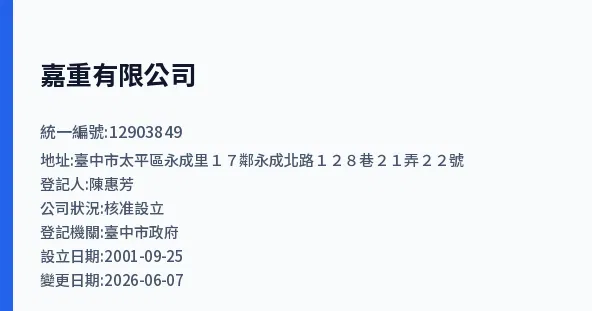 嘉重有限公司的照片-統編 12903849(臺中市) 公司登記資料與營業項目詳細圖表