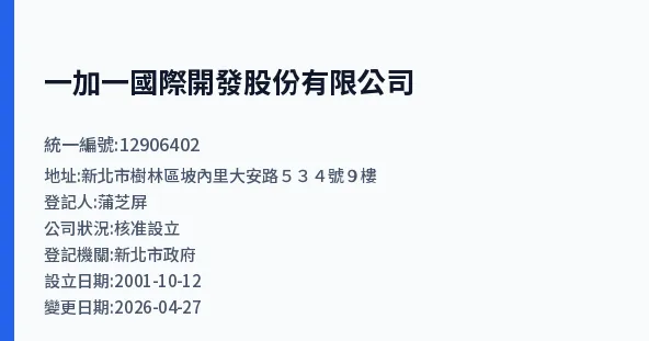 一加一國際開發股份有限公司的照片-統編 12906402(新北市) 公司登記資料與營業項目詳細圖表