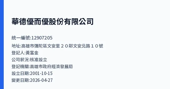 華德優而優股份有限公司的照片-統編 12907205(高雄市) 公司登記資料與營業項目詳細圖表