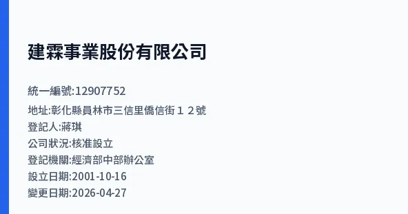 建霖事業股份有限公司的照片-統編 12907752(彰化縣) 公司登記資料與營業項目詳細圖表