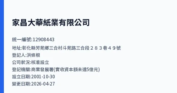家昌大華紙業有限公司的照片-統編 12908443(彰化縣) 公司登記資料與營業項目詳細圖表
