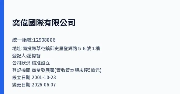 奕偉國際有限公司的照片-統編 12908886(南投縣) 公司登記資料與營業項目詳細圖表