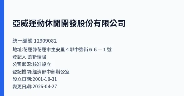 亞威運動休閒開發股份有限公司的照片-統編 12909082(花蓮縣) 公司登記資料與營業項目詳細圖表