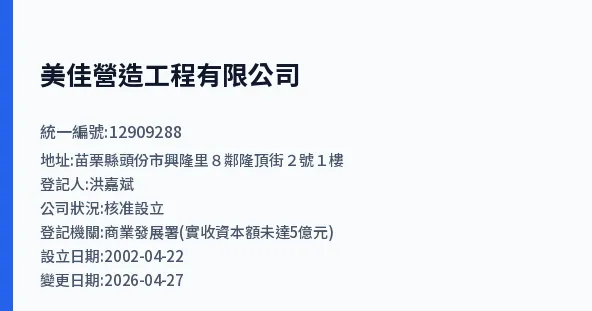 美佳營造工程有限公司的照片-統編 12909288(苗栗縣) 公司登記資料與營業項目詳細圖表