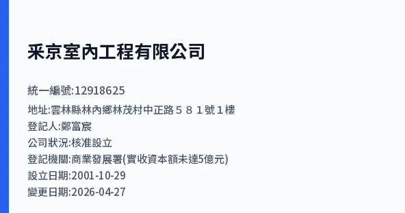 釆京室內工程有限公司的照片-統編 12918625(雲林縣) 公司登記資料與營業項目詳細圖表