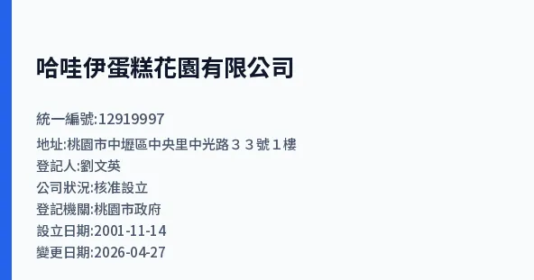 哈哇伊蛋糕花園有限公司的照片-統編 12919997(桃園市) 公司登記資料與營業項目詳細圖表