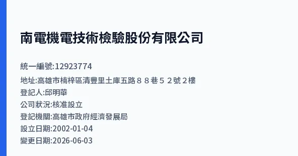 南電機電技術檢驗股份有限公司的照片-統編 12923774(高雄市) 公司登記資料與營業項目詳細圖表