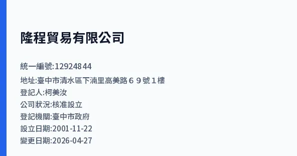隆程貿易有限公司的照片-統編 12924844(臺中市) 公司登記資料與營業項目詳細圖表