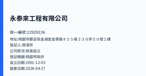 永泰來工程有限公司的照片-統編 12929236(桃園市) 公司登記資料與營業項目詳細圖表