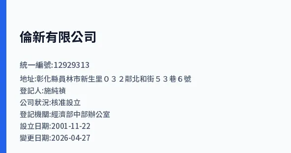 倫新有限公司的照片-統編 12929313(彰化縣) 公司登記資料與營業項目詳細圖表