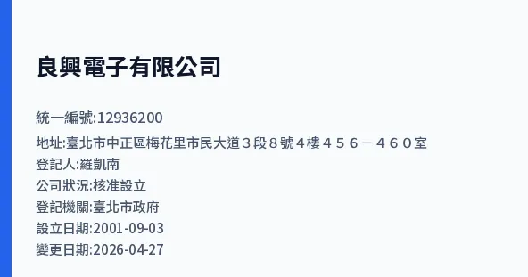 良興電子有限公司的照片-統編 12936200(臺北市) 公司登記資料與營業項目詳細圖表