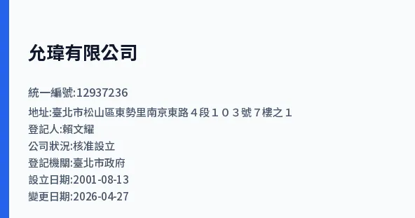 允瑋有限公司的照片-統編 12937236(臺北市) 公司登記資料與營業項目詳細圖表