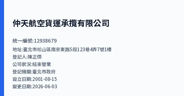 仲天航空貨運承攬有限公司的照片-統編 12938679(臺北市) 公司登記資料與營業項目詳細圖表