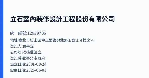 立石室內裝修設計工程股份有限公司的照片-統編 12939706(臺北市) 公司登記資料與營業項目詳細圖表
