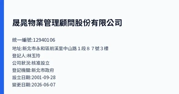 晟晁物業管理顧問股份有限公司的照片-統編 12940106(新北市) 公司登記資料與營業項目詳細圖表