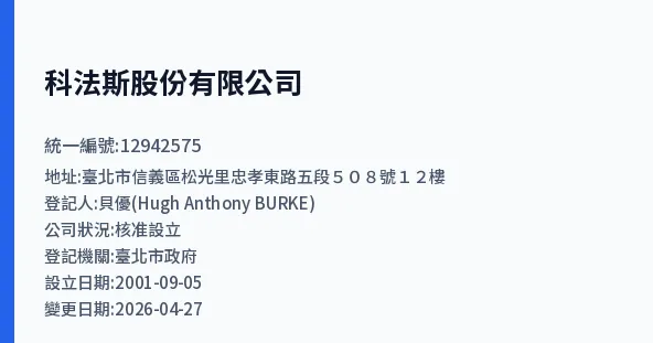 科法斯股份有限公司的照片-統編 12942575(臺北市) 公司登記資料與營業項目詳細圖表